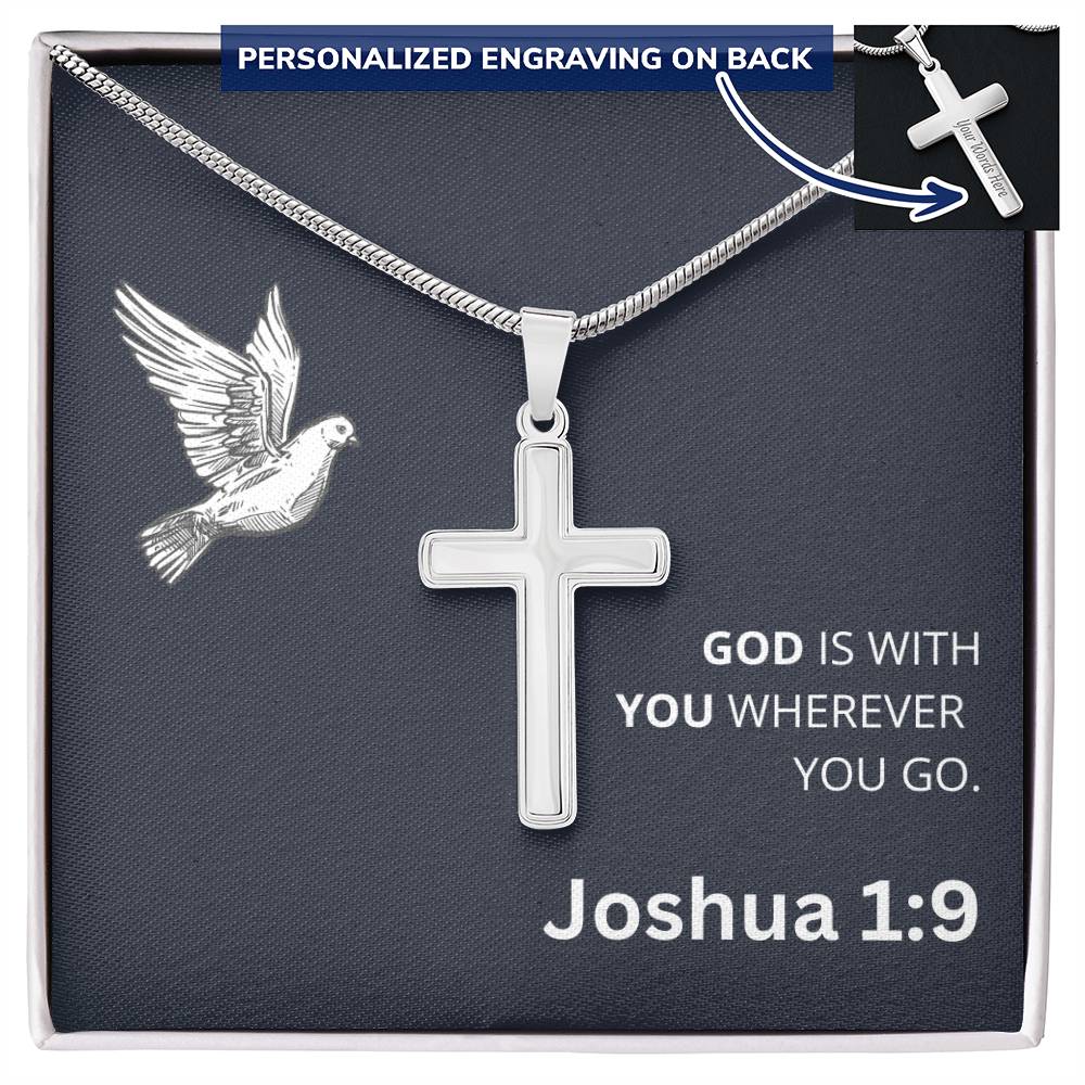 Engraved Cross Necklace - Joshua 1 9